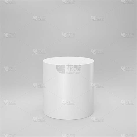 白色3d圆柱体前视图与透视隔离在灰色背景。圆柱支柱，空博物馆舞台，基座或产品讲台。三维基本几何形状矢