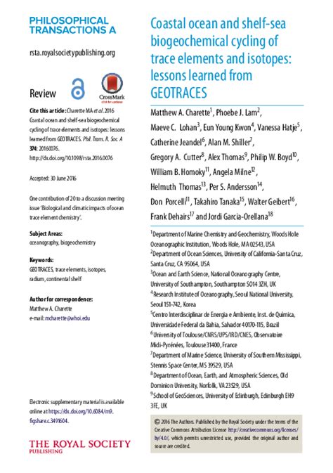 Pdf Coastal Ocean And Shelf Sea Biogeochemical Cycling Of Trace Elements And Isotopes Lessons