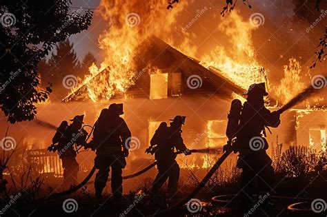 Brave Firefighters Battling Fierce House Fire Flames At Night