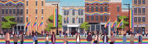 Lgbt 무지개 깃발을 가진 혼혈 사람들 걷는 도시 거리 게이 레즈비언 사랑 퍼레이드 프라이드 축제 트랜스젠더 사랑 개념