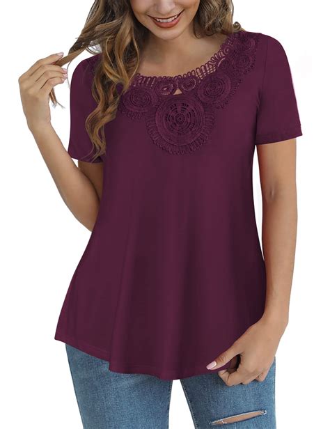 Folunsi Womens Plus Size Tops Short Sleeve Shirts Blouses Lace Pleated