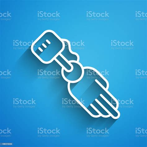 파란색 배경에 격리 된 흰색 선 보철 손 아이콘 바이오닉 암 로봇 기계손의 미래지향적인 개념 긴 그림자 벡터 건강 진단에 대한