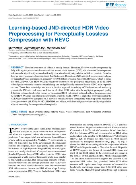 Pdf Learning Based Jnd Directed Hdr Video Preprocessing For Perceptually Lossless Compression