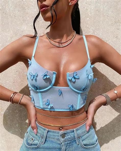 Blue Lace Butterfly Camisole Sheer Bra Lingerie Sexy Underwear