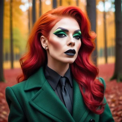 Beautiful Drag Queen Bright Red Hair In Autumn For