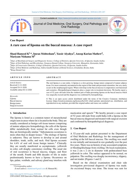 Pdf A Rare Case Of Lipoma On The Buccal Mucosa A Case Report