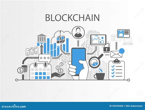 Blockchain Background Illustration With Hand Holding Smartphone And Icons Stock Vector