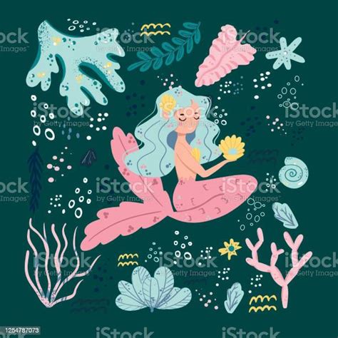 귀여운 인어와 바다 식물 재미있는 만화 캐릭터와 산호는 흰색에 고립되어 있습니다 인어 소녀와 여름 클립 아트 고래에 대한 스톡