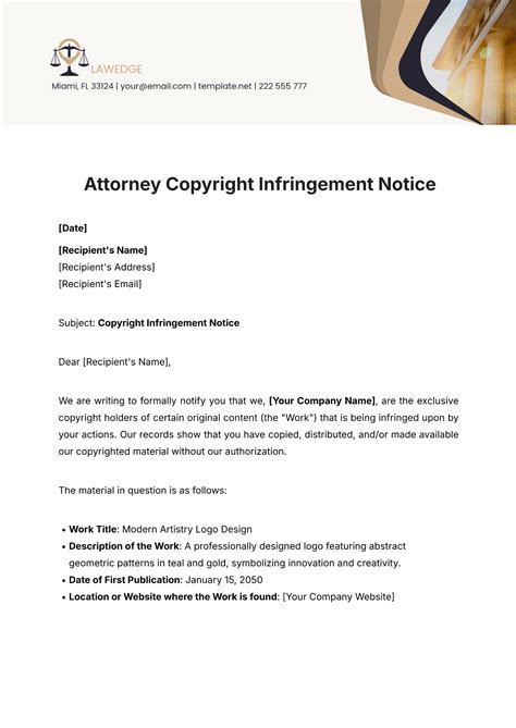 Free Attorney Copyright Infringement Notice Template To Edit Online