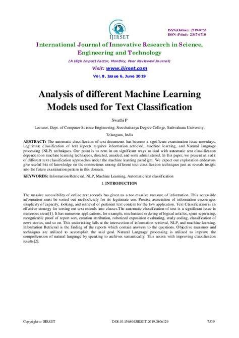 Pdf Analysis Of Different Machine Learning Models Used For Text