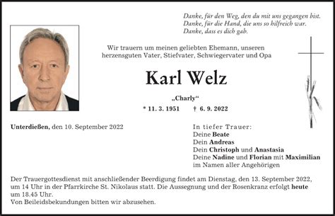 Traueranzeigen Von Karl Welz Augsburger Allgemeine Zeitung