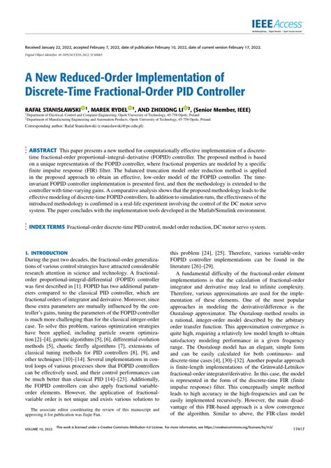 Pdf A New Reduced Order Implementation Of Discrete Time Fractional Order Pid Controller