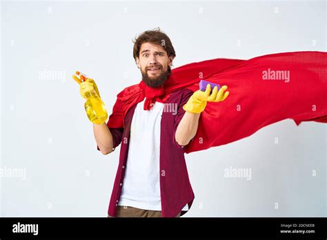 Man Red Raincoat Professional Homework Hygiene Gloves Stock Photo Alamy