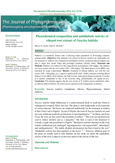 Pdf Phytochemical Composition And Antidiabetic Activity Of Ethanol Root Extract Of Nauclea