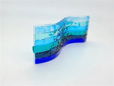 Double Wave Art Glass Panel Curved Glass Sculpture Ocean Wave Alicia Abrams