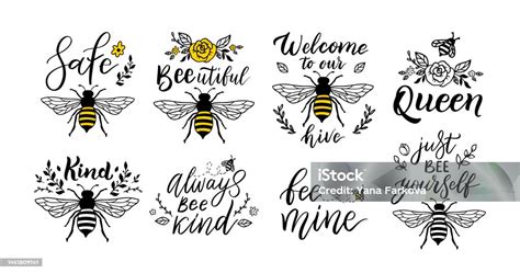꿀벌 재미있는 따옴표 세트 귀여운 인쇄를 위한 손으로 그린 글자 흰색 배경에 격리된 긍정적인 따옴표 벡터 삽화는 속담이 있는 타이포그래피 포스터의 범블 컬렉션입니다 티셔츠에