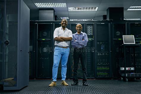 Happy Men Or Portrait Of Engineers In Server Room For Online Cyber