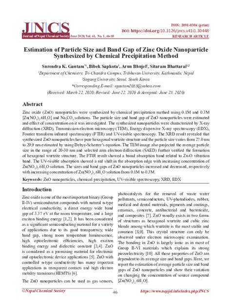 Pdf Estimation Of Particle Size And Band Gap Of Zinc Oxide Nanoparticle Synthesized By