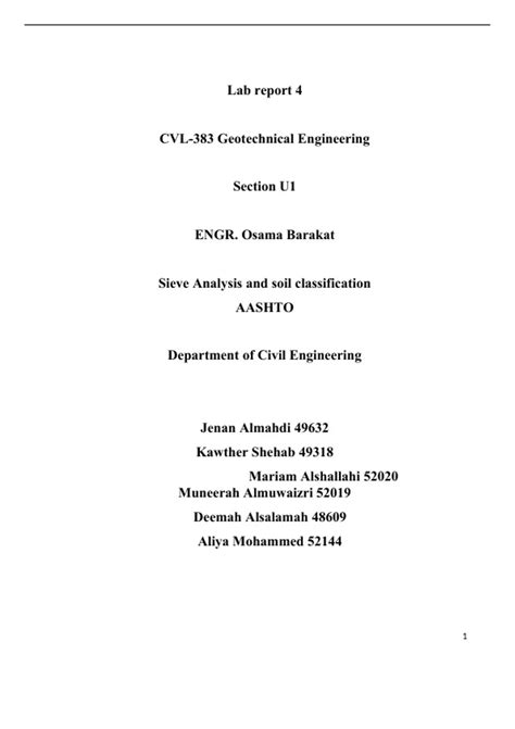 Lab Report 4 Cvl 383 Geotechnical Engineering Section U1 Engr Osama Barakat Sieve Analysis And