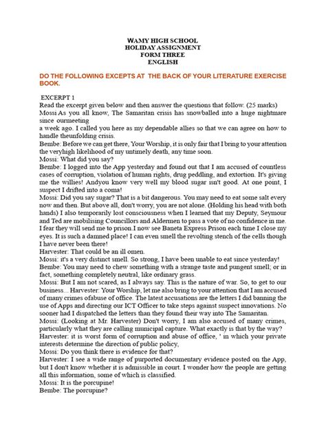 Form Three Holiday Assignment English Pdf