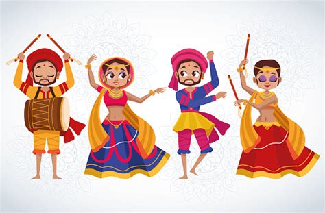 댄서 캐릭터의 그룹과 행복 나브라트리 축하 카드 Durga Puja Festival에 대한 스톡 벡터 아트 및 기타 이미지