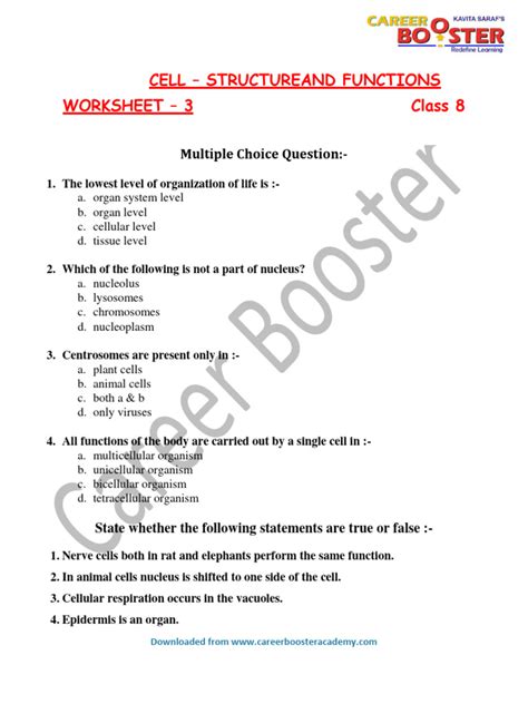 class 8 science cell structure and functions worksheet pdf