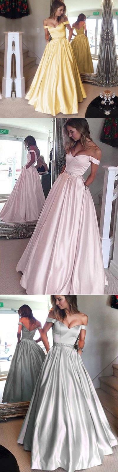 Gold Satin V Neck Long Prom Dresses Ball Gowns Off The Shoulder M1078