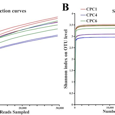 Rarefaction Curves A And Shannon Curves B Of The Otus Clustered At