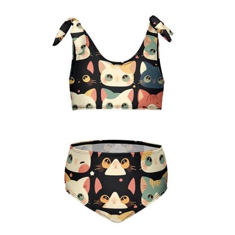 Cartoon Cute Kitten Girls 2 Piece Bikini Set Beach Sport Swimsuit