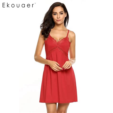 Ekouaer Sexy Nightgown Women Sleep Dress Spaghetti Strap V Neck Lace Patchwork Chemise Sleepwear