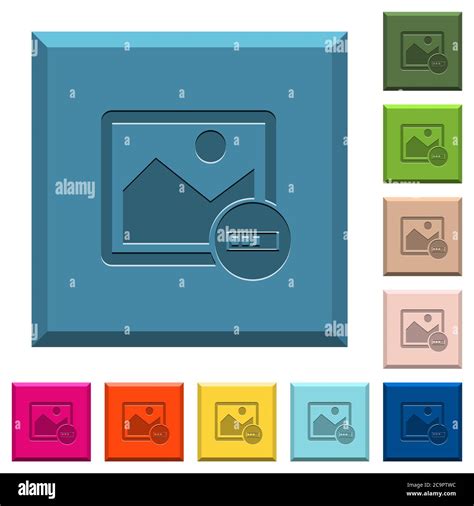 image processing engraved icons on edged square buttons in various