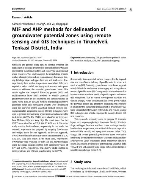 Pdf Mif And Ahp Methods For Delineation Of Groundwater Potential Zones Using Remote Sensing
