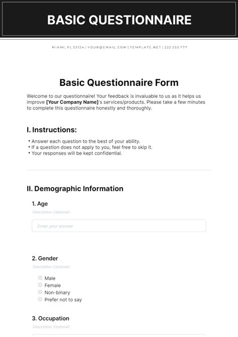 Free Basic Questionnaire Form Template To Edit Online