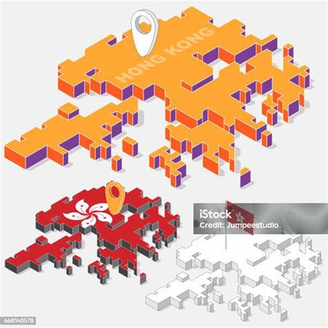 3 차원 Isometric 모양 배경 벡터 일러스트 레이 션에 고립 된 지도 요소에 홍콩 플래그 홍콩에 대한 스톡 벡터 아트 및