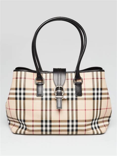 Burberry Haymarket Check Coated Canvas Brown Leather Tote Bag Yoogis