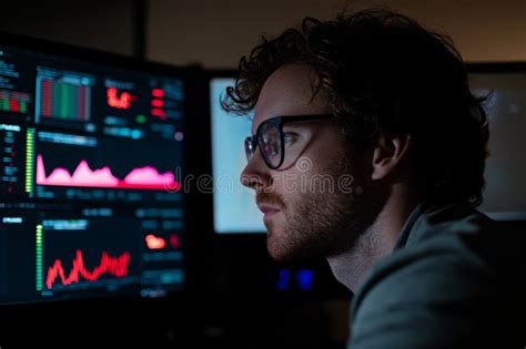 An Evening Scene Of A Programmer Seated In Front Of Two Large Computer
