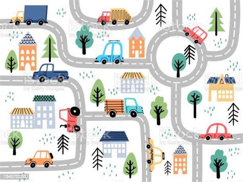 어린이 보육 장식을위한 도로와 자동차가있는 어린이 도시지도 카펫 마을 이나 마을 거리 미로 만화 보드 게임 벡터 배경 0명에 대한 스톡 벡터 아트 및 기타 이미지 Istock
