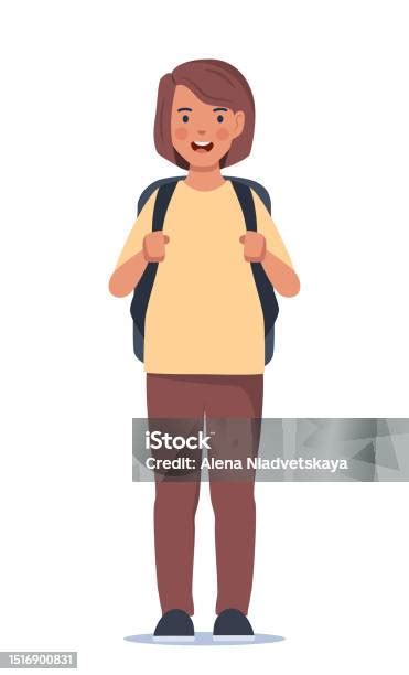 배낭을 메고 있는 행복한 여고생의 초상화 여자 아이 학교로 돌아 가기 벡터 그림입니다 고등학교 이하에 대한 스톡 벡터 아트 및 기타 이미지 Istock