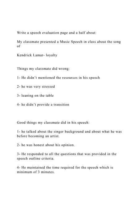 Write A Speech Evaluation Page And A Half Aboutmy Classmate Docx