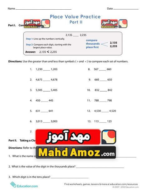 کاربرگ Place Value Practice Part II مهدآموز