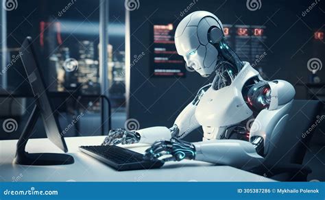 Robot Working With Modern Computer Neural Network Ai Generated Stock Photo Image Of