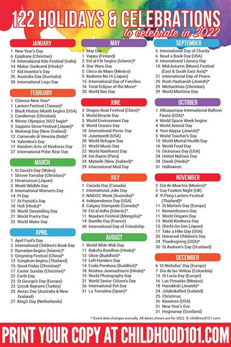 International Holiday Calendar Preschool Calendar Printable