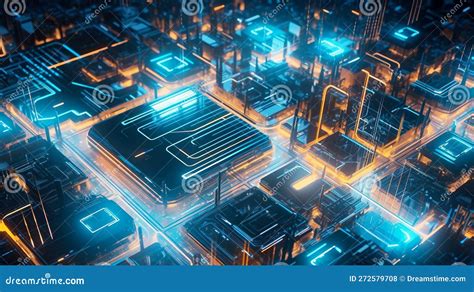 The Digital Cityscape Abstract Futuristic Computer Chip With Metallic Pathways Generative Ai