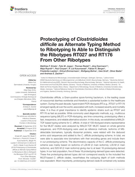 Pdf Proteotyping Of Clostridioides Difficile As Alternate Typing Method To Ribotyping Is Able