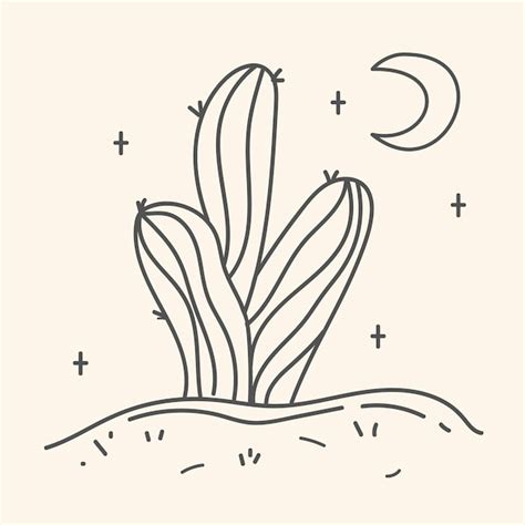 Ilustração desenhada à mão de um cacto no deserto em estilo boho Vetor Premium