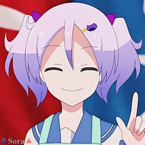 An Anime Character With Purple Hair And Blue Eyes Giving The Peace Sign