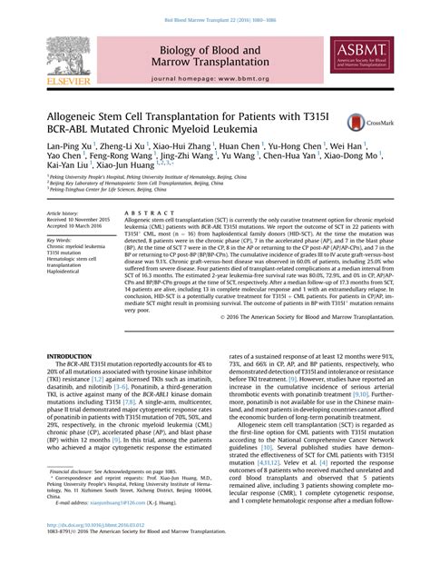 Pdf Allogeneic Stem Cell Transplantation For Patients With T315i Bcr
