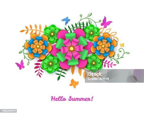 꽃 조성으로 종이 컷 디자인 밝은 색깔의 꽃다발에 판타지 꽃 장식과 나비와 아름다운 배경 프레임 또는 인사말 카드의 요소입니다