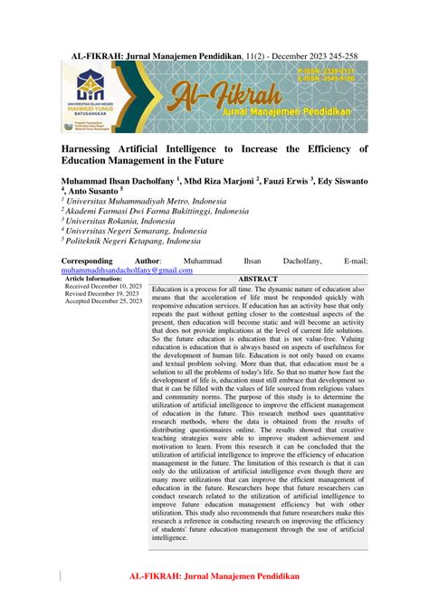 Pdf Harnessing Artificial Intelligence To Increase The Efficiency Of Education Management In