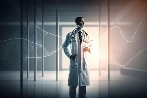 Premium Photo A Man In A Lab Coat And A Stethoscope Stands In Front Of A Lit Room With A Light